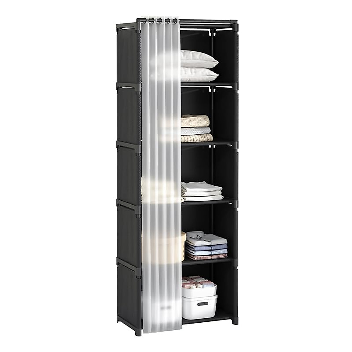 Dttwacoyh 1 Piece 6 Storey Single Row Storage，5 Cube Storage Organizer with Curtains ，Portable Bookcase, Black Bookcase,Multifunctional Storage Cabinet, Suitable for Office, Bedroom, Bathroom