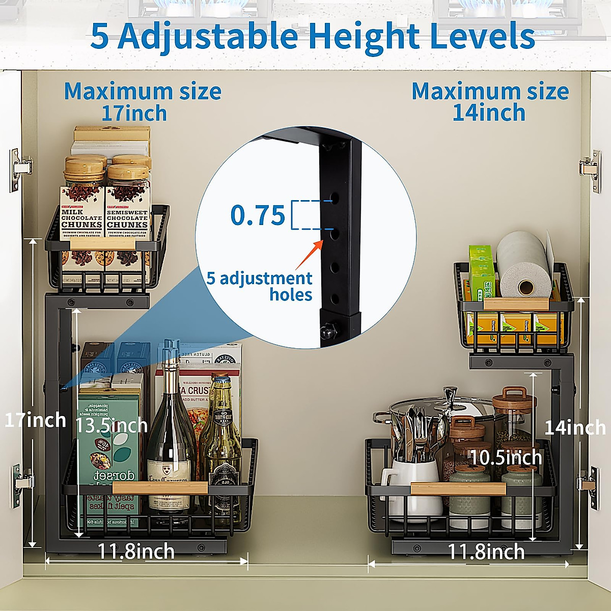 APXPF 2 Pack Under Sink Organizer 2 Tier Under Sink Organizers and Storage Adjustable Kitchen Pull out Cabinet Organizer Metal Sliding Drawer for Bathroom Pantry Cabinet Closet Organization Rack Black