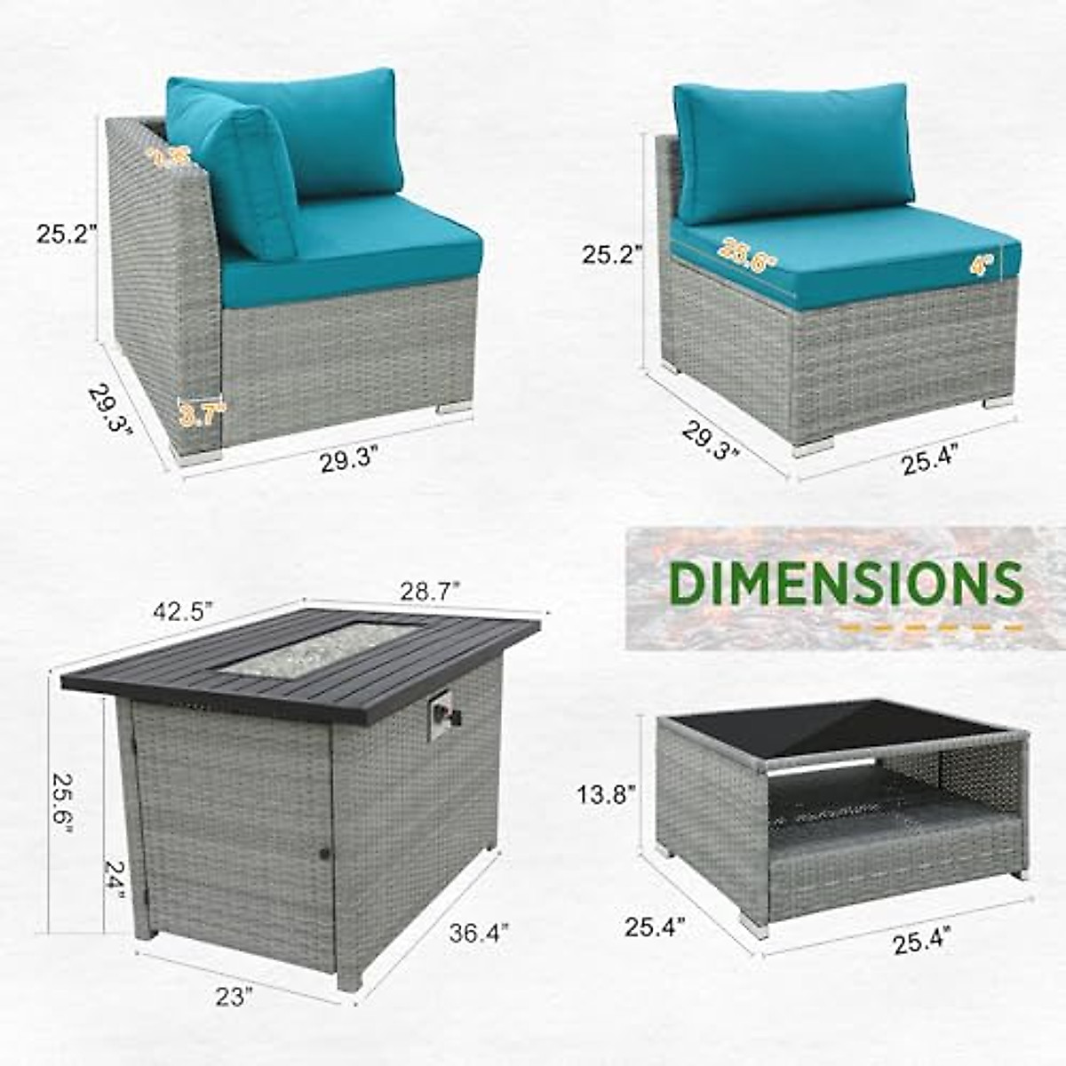 EAGLE PEAK 8 Piece Outdoor Wicker Patio Furniture Set with Fire Table and Coffee Table, PE Rattan Sectional Conversation Sofa Set with Seating for 6 People, Light Blue