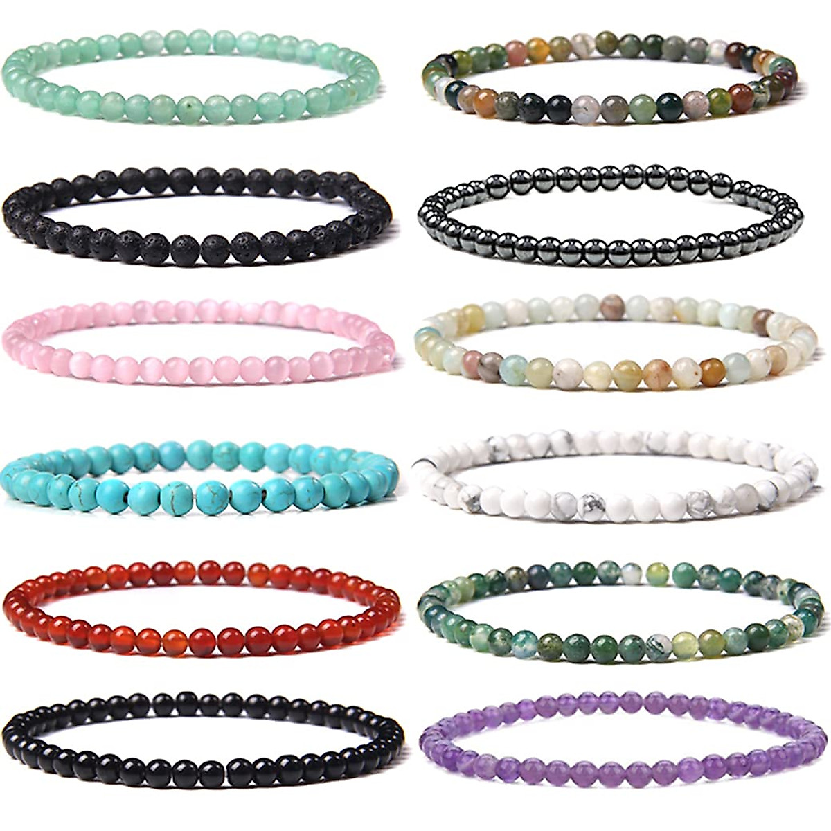 SONNYX 12 Pieces 4mm Mini Gemstone Bracelets for Women Men Natural Stone Bracelets Handmade Crystal Beaded Stretch Bracelet Unisex Couple Bracelets