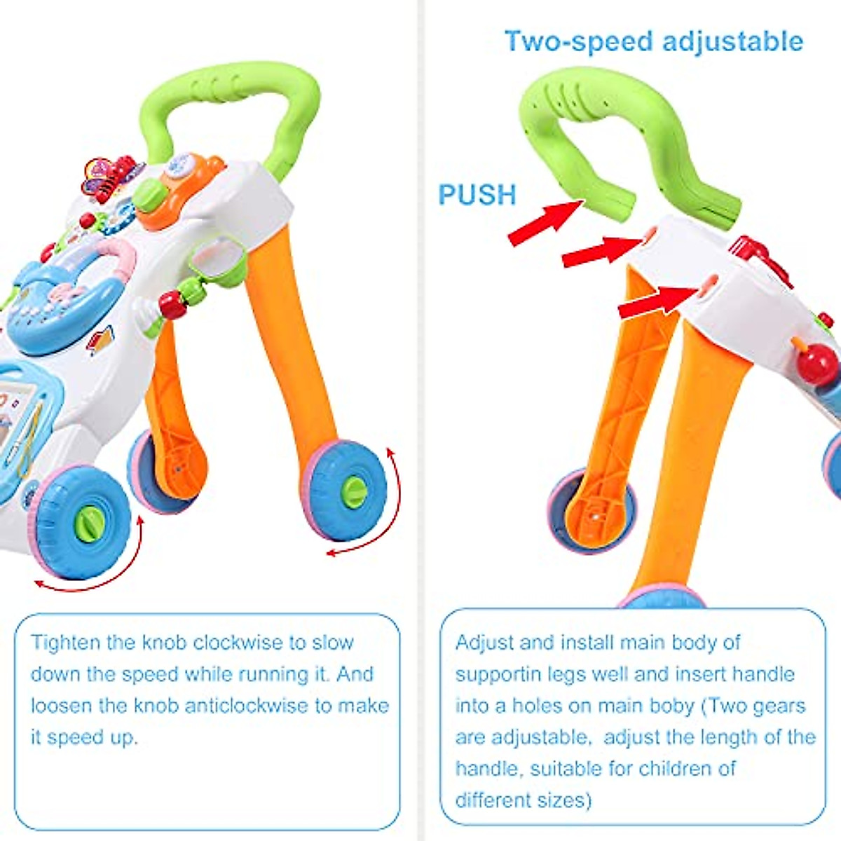 2 in 1 Sit to Stand Baby Walker with Music and Light, Toddler Push Toys for Learning to Walk, with Removable Drawing Board, Music Piano, Mini Phone for 6 Months Up Baby Boys Girls