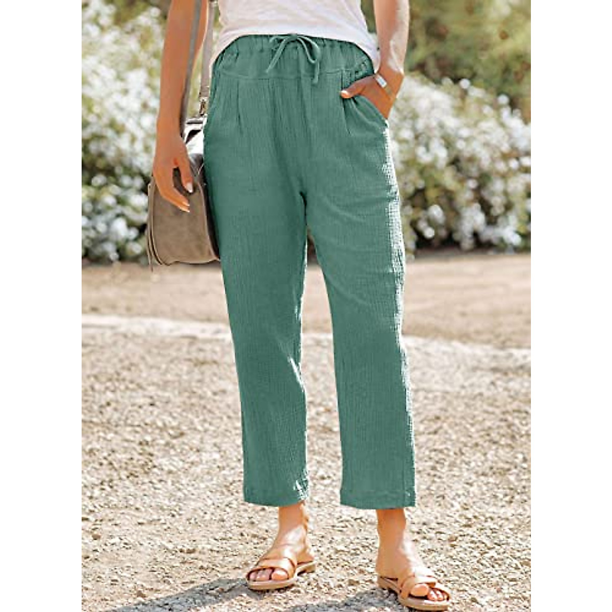 Dokotoo 2023 Fashion Spring Summer Wide Leg Work Linen Pants for Women Ladies Solid High Drawstring Waist Jogging Jogger Beach Pants with Side Pockets Green XL