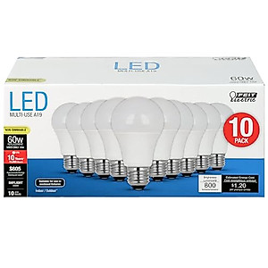 Feit Electric A19 LED Light Bulbs, 60W Equivalent, Non Dimmable, 800 Lumens, E26 Standard Base, 5000k Daylight, 80 CRI, 10 Year Lifetime, Energy Efficient, 10 Pack, A800/850/10KLED/10