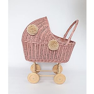 CACKOO Handmade Wicker Pram For Dolls With Cotton Bedding Sheets And Handmade Pom-Poms Ideal As Birthday Gift Natural Pink