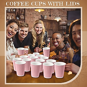 Tioncy 100 Pcs Disposable Coffee Cups with Lids Paper Cups Corrugated Ripple Wall Insulated Hot Cups with Lids for Coffee Juice Dinks Home Office Restaurant Cafe Coffee Bar Supplies (Pink,12 oz)
