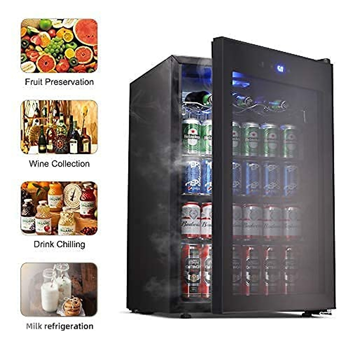 Joy Pebble Mini Fridge Beverage Cooler - 128 Can mini fridge with glass door for Soda Beer or Wine -Drink Dispenser Small Refrigerator with Adjustable Thermostat for Office bedroom Home (4.4 cu.ft)