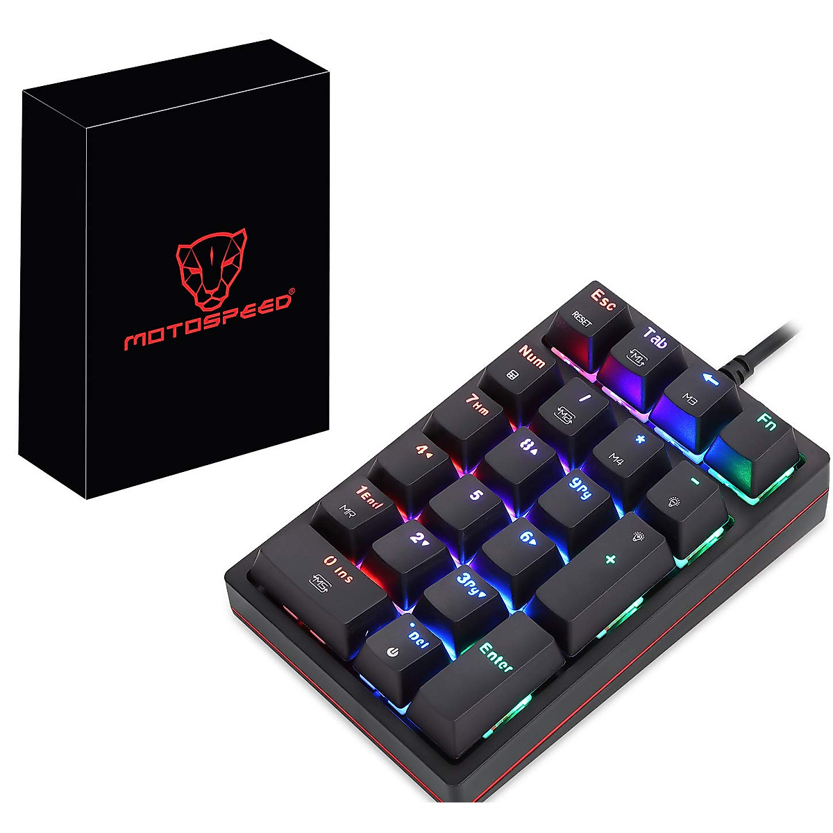 MOTOSPEED Macro Mechanical Numeric Keypad USB Wired 21 Keys Mini Numpad Portable Keypad RGB Backlight Gaming Keypad Extended Layout for Cashier(Fully Programmable Keys)