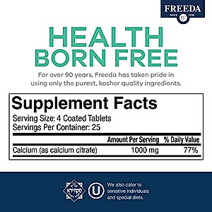 Freeda Calcium Citrate - Kosher Vegan Calcium Supplement for Women & Men - Bone Health & Joint Support - Calcium 1000mg per serving - Calcium Citrate 1000mg Tablets Calcium without Vitamin D (250 Ct)