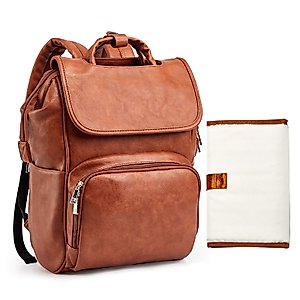 HAHASOLE Leather Diaper Bag Backpack with Changing Mat Travel Backpack Waterproof&Insulated Large Nappy Bag Stroller Straps, Brown B, 13.8x8x18 Inch (Pack of 1), Travel Backpacks