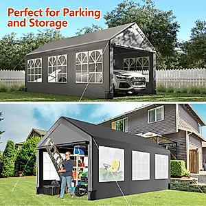 GarveeLife 10 * 20 Heavy Duty Carport Canopy, Portable Car Tent Garage with 6 Roll-up Windows and All-Season Tarp Cover, Metal Roof & 4 Sandbags for Car, SUV, Truck & Boat, Grey