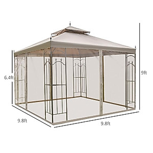 10 X 10ft Hardtop Gazebo, Steel Outdoor Patio Gazebo Canopy, Double Roof Gazebo with Removable Mesh Curtains, Outdoor Steel Frame Vertical Stripes Roof Permanent for Deck Backyard Garden Lawns