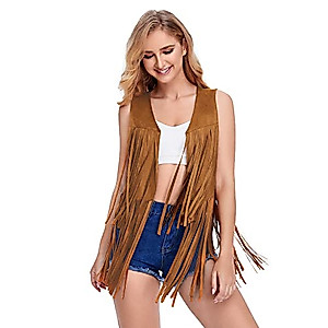 Verdusa Women's Tassel Sleeveless Vest 70s Hippie Faux Suede Fringe Jacket Cardigan Brown L