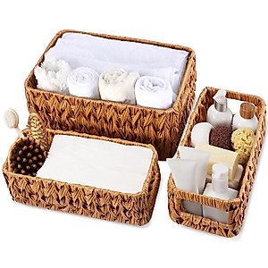 XLHOMO Bathroom Wicker Baskets Large for Shelves, Organizing, Waterproof Woven Storage with Handle for Toilet Shelf Baskets, Laundry Room, 3-Pack (Caramel, Large)