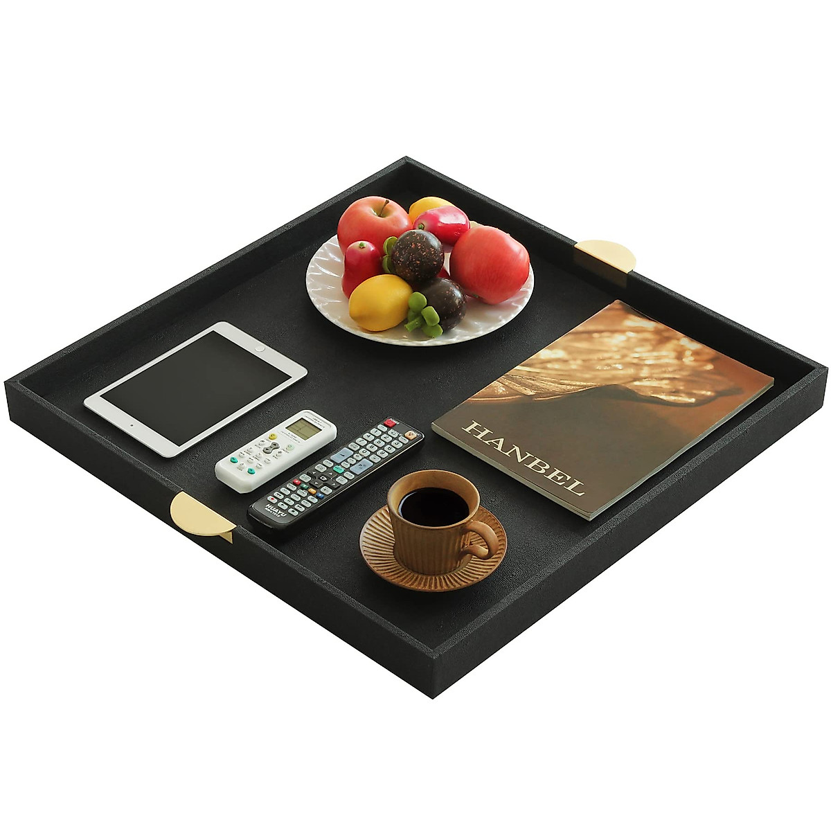 HofferRuffer Extra Large Square Serving Tray, Elegant Faux Leather Ottoman Tray with Gold Hardware Handles, Serve Tea, Coffee or Breakfast in Bed, 23.6 x 23.6 inches, Black Large Square Tray