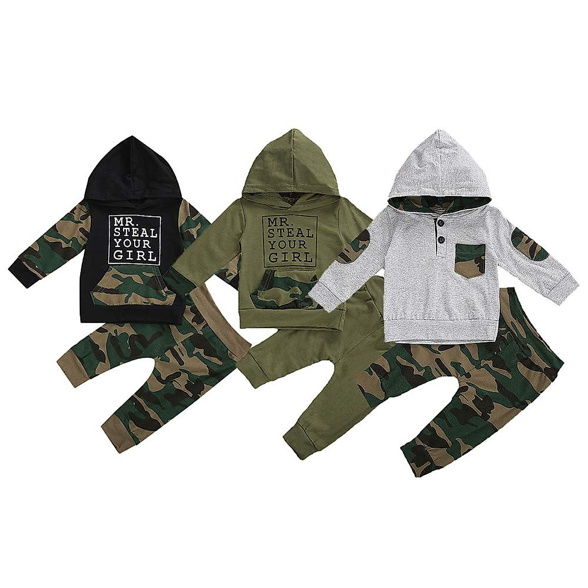 Infant Toddler Baby Camo Hoodie Set Boy Fall Camouflage Pullover Hoodies Sweatshirt Long Pants Outfit Clothes (Grey,18-24 Months)