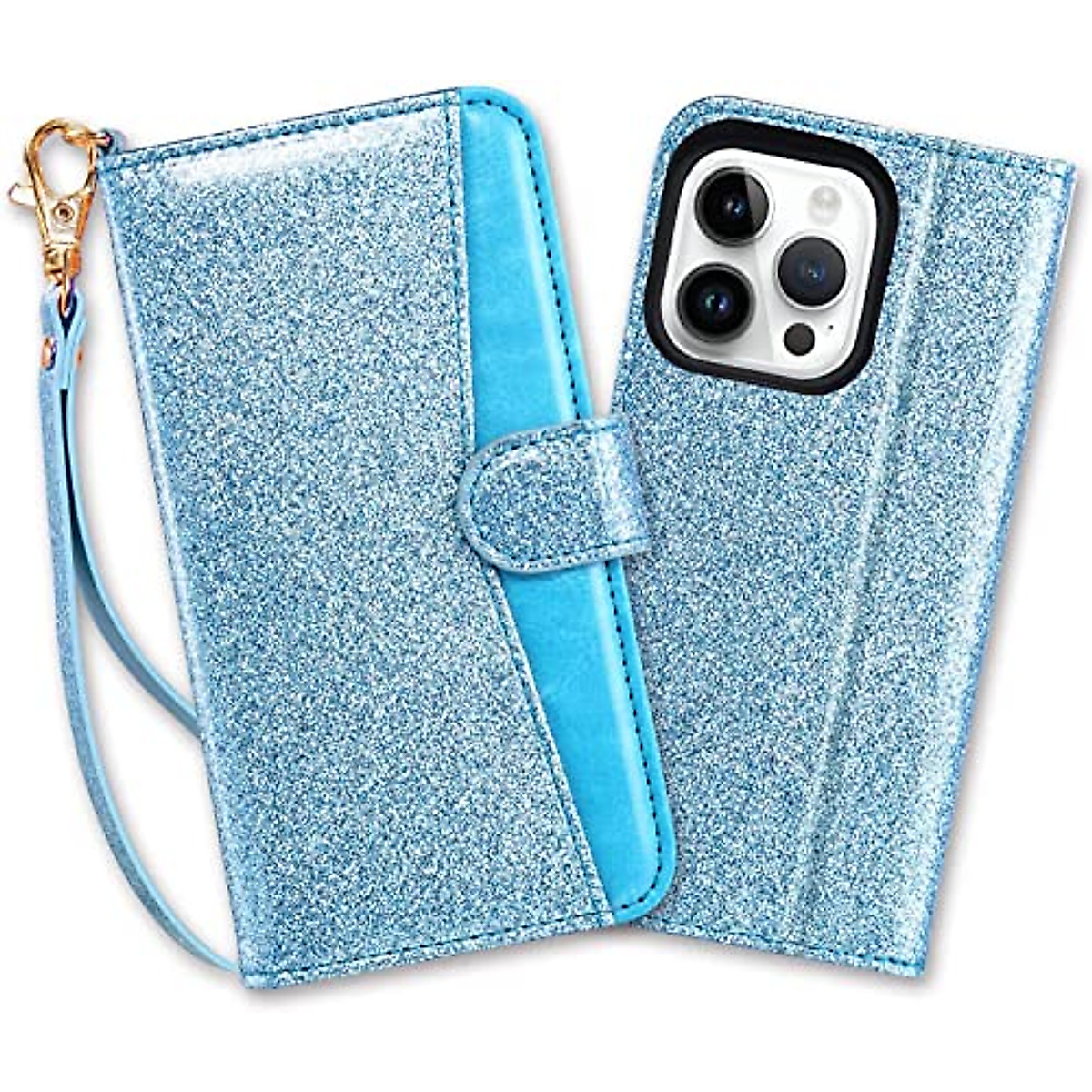 Coolwee Wallet Case Compatible iPhone 13 Pro Max Flip Folio Cover with Card Slots Kickstand Design Wrist Strap Girls Women Glitter PU Leather Compatible with Apple iPhone 13 Pro Max Blue Glitter