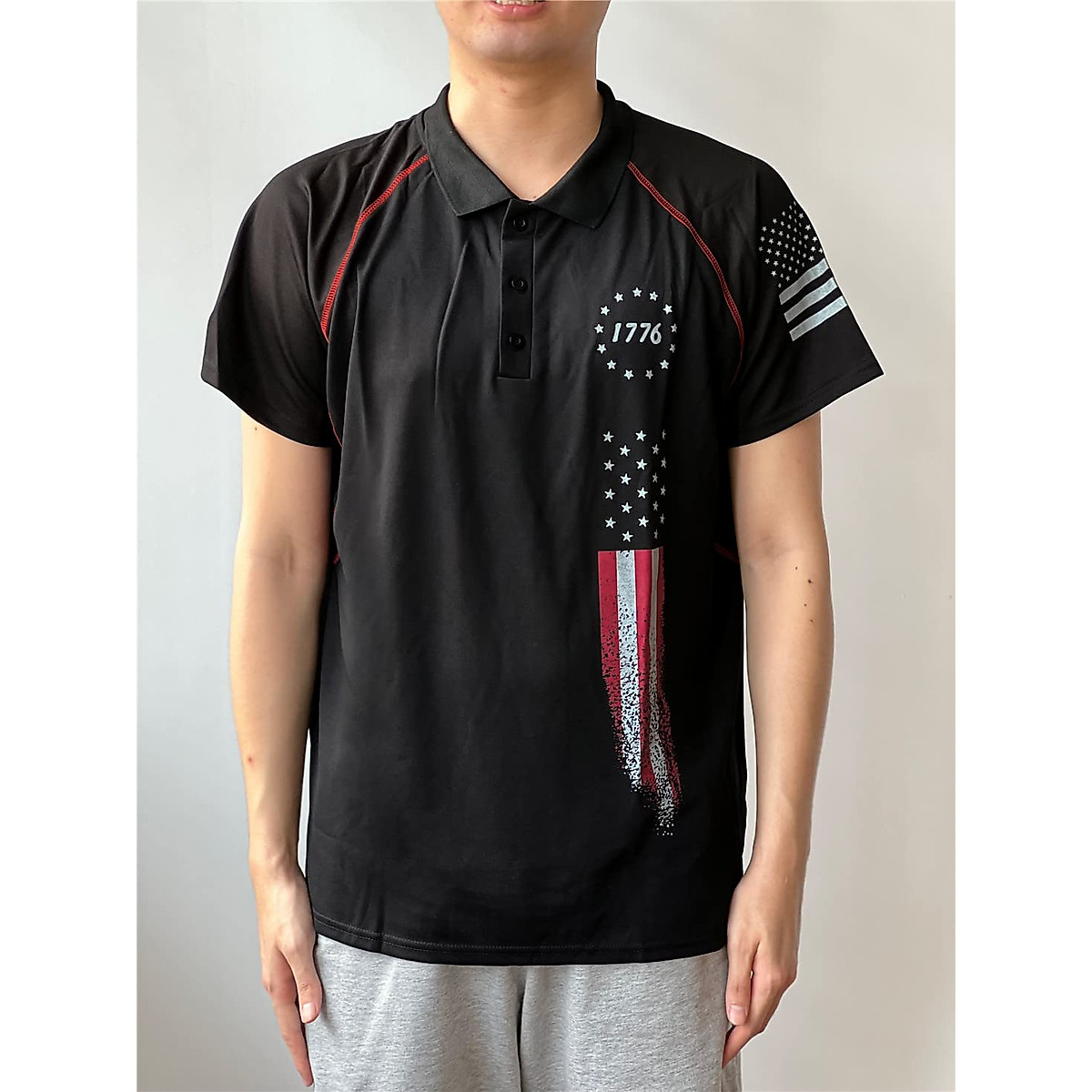 HARGLESMAN Men's Quick Dry Performance Short Sleeve Tactical Patriotic Polo T Shirt Tops Summer 1776 Printed Sports Casual Tees for Golf Tennis Paintball Activewear Black L