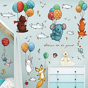 RAINBOW WSK Animals Balloons Wall Decals Elephant Rabbit Fox Bear Clouds Wall Stickers Woodland Jungle Animals Wall Decals Peel and Stick Vinyl Wall Mural Kids Bedroom Nursery Classroom Wall Decor