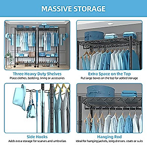 PUNION Heavy Duty Clothing Garment Rack, Freestanding Clothing Rack, Portable Closet Wardrobe with 3 Adjustable Wire shelves 1 Side Hook and 1 Clothe Rod for Hanging Clothes, Black
