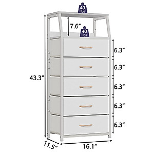 Furnulem White Dresser with 5 Drawers, Vertical Storage Tower Fabric Dresser for Bedroom, Hallway, Entryway, Nursery, Closet Organizer, Nightstand Bedside Table Furniture, Sturdy Steel Frame, Wood Top