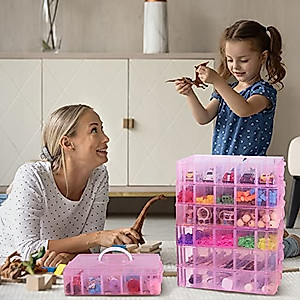 Quefe 7-Tier Pink Stackable Storage Container, 70 Adjustable Compartments Craft Organizers and Storage Box with Handle for Kids Toys, Art Crafts, Jewelry, Supplies, Fuse Beads, Washi Tapes