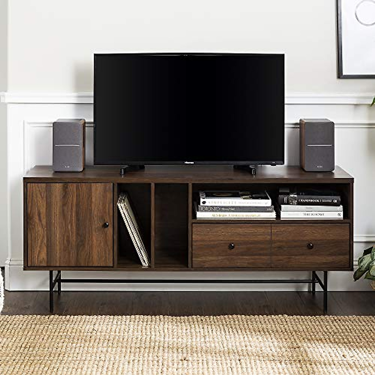 Walker Edison Modern Wood TV Stand with Record Storage for TV's up to 65" Flat Screen Universal TV Console Living Room Storage Cabinet Doors Shelves Entertainment Center, 60 Inch, Dark Walnut