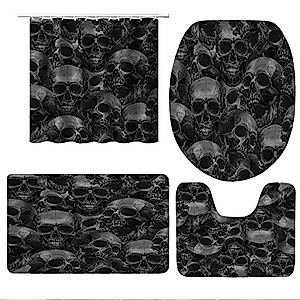 KKH Black Skulls Shower Curtain Set Bathroom, Black andWhite Halloween Scary Skull Bath Curtains Bathroom Set 4Pcs/Set Game Bathroom Decor, 72X72 Inch