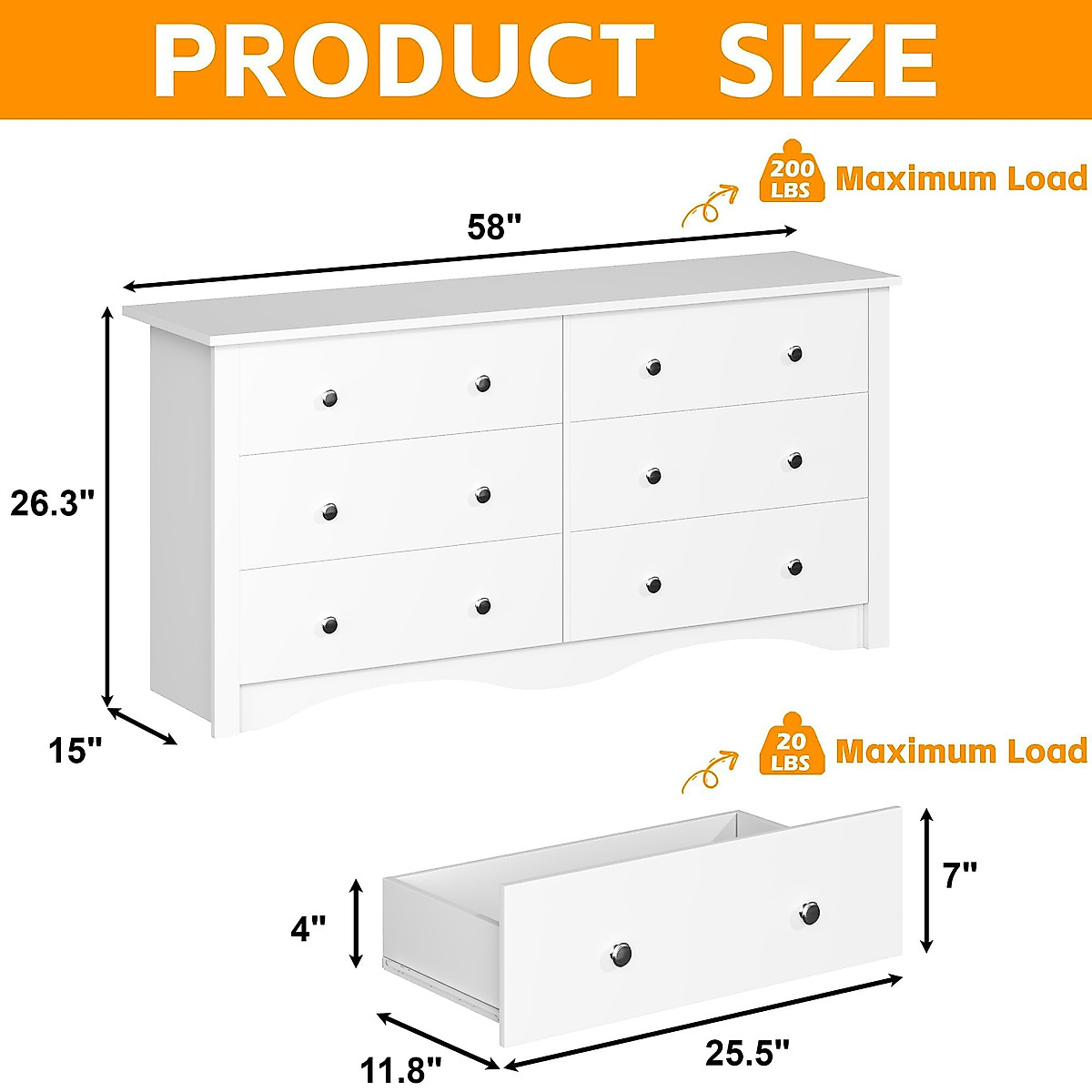 Furmax 6 Wood Drawers Dresser for Bedroom, Double Dresser for TV up to 65 inch, TV Stand Storage Chest of Drawers for Living Room Hallway Entryway (White)