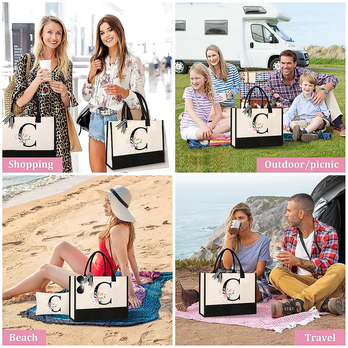 AYGE Personalized Initial Canvas Beach Bag Cosmetic Bags, Monogrammed Gifts for Women, Tote Bag, Makeup Bag, Birthday Gifts for Sister Mom Teacher Bridesmaid (C)