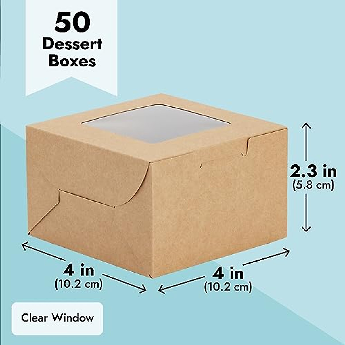50 Pack 4x4x2 Dessert Boxes with Window, Bulk Bakery Containers for Cookies, Mini Pies, Cupcakes (Kraft Paper)