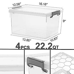 Citylife 22.2 Qt. Plastic Storage Bins with Lids Large Stackable Storage Containers for Organizing Clear Durable Storage Box, 4 Packs