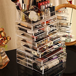 Cq acrylic 4 Pack Clear Skincare Organizer for Vanity,Stackable 11 Drawers Make Up Organizer,Cute Cosmetic Organizer for Vanity Jewelry,Hair Clip,Beauty,Skincare Product Dresser Acrylic Desk Organizer
