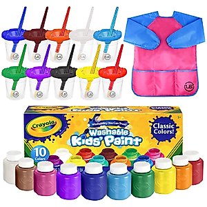 Washable Kids Paint 10 Colors, 10 No Spill Paint Cups For Kids With Lids, 10 Paint Brush Set, Waterproof Kids Smock – Christmas Gifts for Kids, Washable Paint Set For Kids, Finger Painting Supplies
