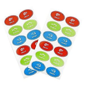 The Dreidel Company 24 Assorted Kosher Labels, 8 Blue Dairy, 8 Red Meat, 8 Green Stickers, Oven Proof up to 500°, Freezable, Microwavable, Dishwasher, English, Coded Kosher Kitchen Tools (24-Pack)