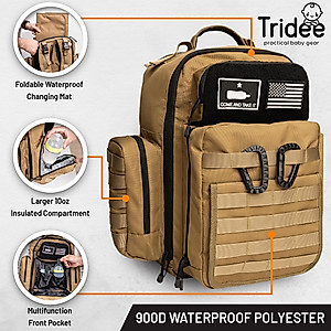 Tan Dad Diaper Bag - Molle-Style Military Diaper Backpack Made of Rugged 900D Waterproof Polyester with Wider Extra-Long Straps, Pouch for Dirty Diapers, Baby Wipes Dispenser & Insulated Pockets