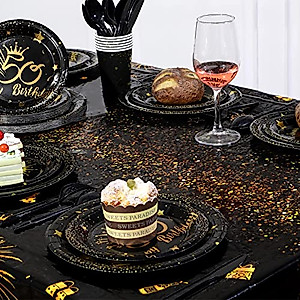 Remagr 3 Pack 50th Happy Birthday Tablecloth Disposable Plastic Table Cover Rectangular Black and Gold Cloths for Parties Decoration Supply Men Women Birthday, 54 x 108 Inch(50th), 54'' 108''