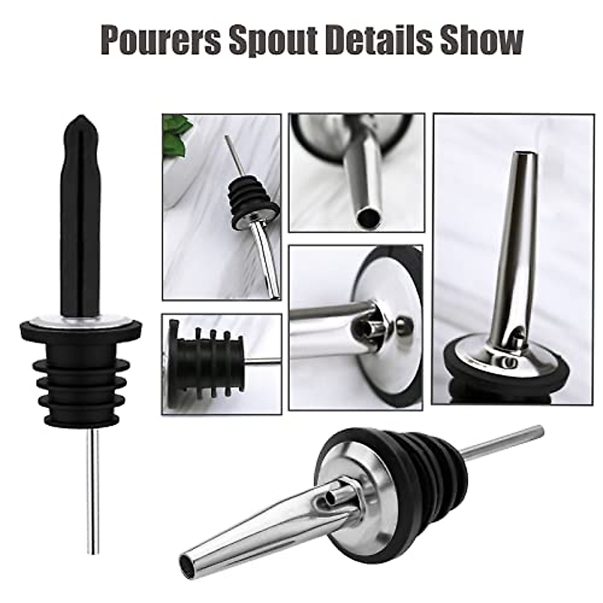 10 Pack Liquor Bottle Pourers, Stainless Steel Pour Spouts with Long Dust Caps Covers, Seal Pour Spout and Air Vent Tube, Hygienic, Dishwasher Safe.