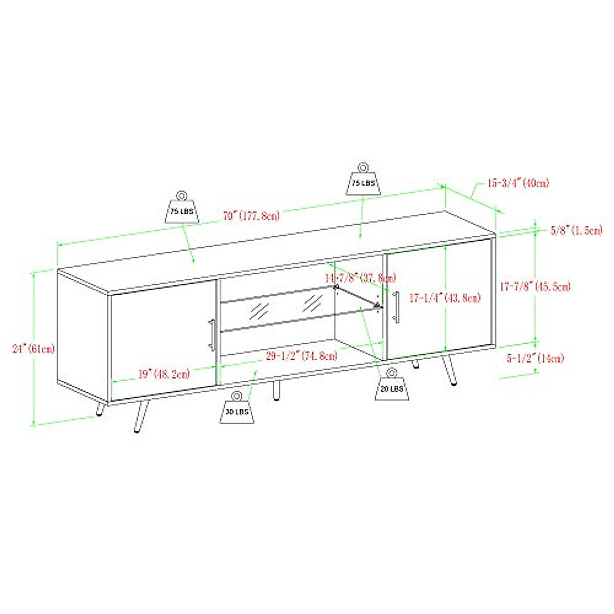 Walker Edison Saxon Mid Century Modern 2 Door Glass Shelf TV Stand for TVs up to 80 Inches, 70 Inch, Dark Walnut