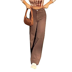 Women High Waisted Pants Wide Leg Denim Jeans Straight Casual Loose Baggy Trousers Vintage Y2K E-Girl Streetwear (Brown, M)