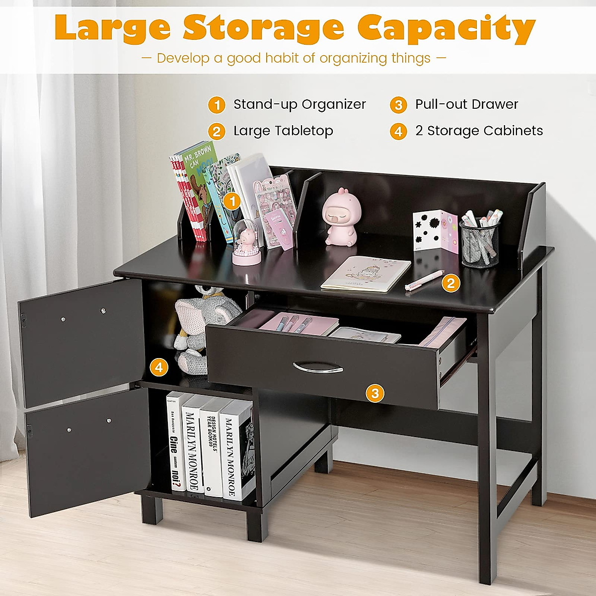 HONEY JOY Kids Desk and Chair Set, Wooden Children School Study Table and Chair w/Drawer, Storage Shelf & Cabinets, Student Computer Workstation Writing Desk for Bedroom, 3-8 Years Old (Dark Brown)