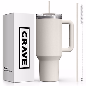 Crave Cups 40oz Tumbler with Lid and Straw l Reusable Spill Proof Double Wall Insulated Stainless Steel Water Bottle Travel Mug l Cupholder Friendly Vacuum Sealed Tumbler with Handle (Birch)