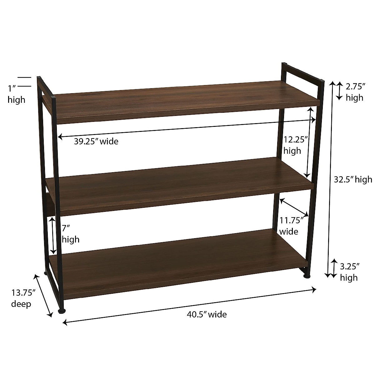 Household Essentials Mid Century Wide 3 Tier Book Shelf, Walnut Wood Finish
