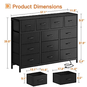 ODK Dresser with Charging Station, 57-Inch Long Dresser for Bedroom, Large Dresser TV Stand with 13 Storage Drawers, Fabric Dresser Chest of Drawers, Black