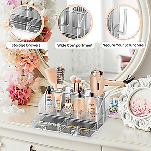 FINECLICK Hair Tool Organizer, Acrylic Wall Mount Blow Dryer and Hair Styling Holder with Storage,Bathroom Countertop Hair Dryer Holder,Vanity Caddy for Toiletries,Accessory Makeup (Two Drawer, Clear)