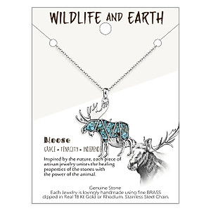 Lauren-Spencer Gemstone Animal Necklace Turquoise Tiger's Eye Tumbled Chips Animal Pendant Necklace Bear Moose Goat Deer Elk Necklace Wildlife Nature Jewelry Gift for Women Men (Moose-Turquoise)