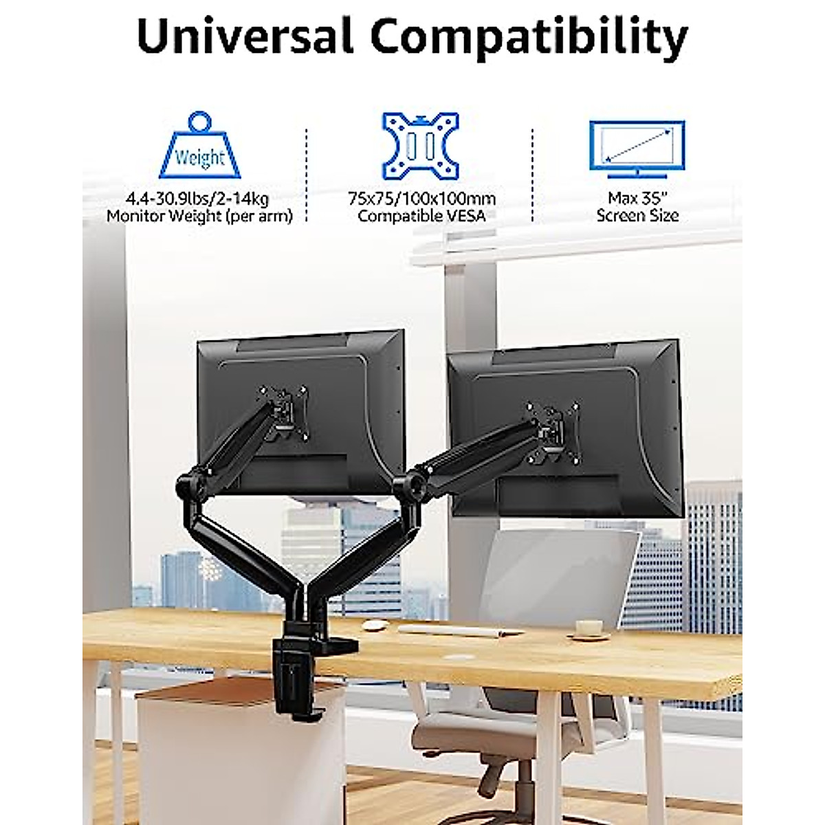 MOUNTUP Ultrawide Dual Monitor Arm for Max 35 Inch Screen, Support 4.4-30.9 lbs Heavy Duty Monitor Desk Mount, Gas Spring Computer Monitor Stand Holder, VESA Bracket with Clamp/Grommet Base, Black