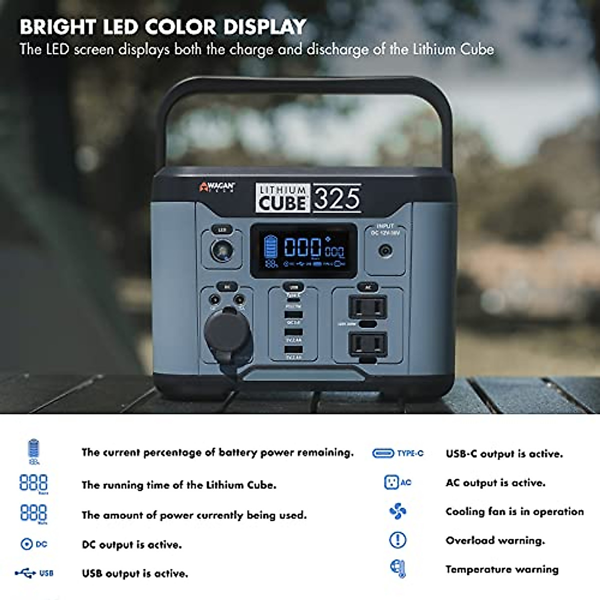 Wagan EL8832 Lithium Cube Portable Power Station 324Wh Backup Lithium Battery 120V 300W Pure Sine Wave AC Outlet 12V DC Outlet USB Outlet Solar Generator for Outdoors Camping Travel Hunting Emergency