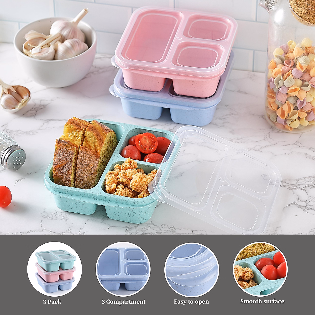 MONGSEW 3PCS Stackable Snack Box with 3 Compartments, Lunch Containers & Bento Box for Kids and Adults (3Pack, 3Colors)