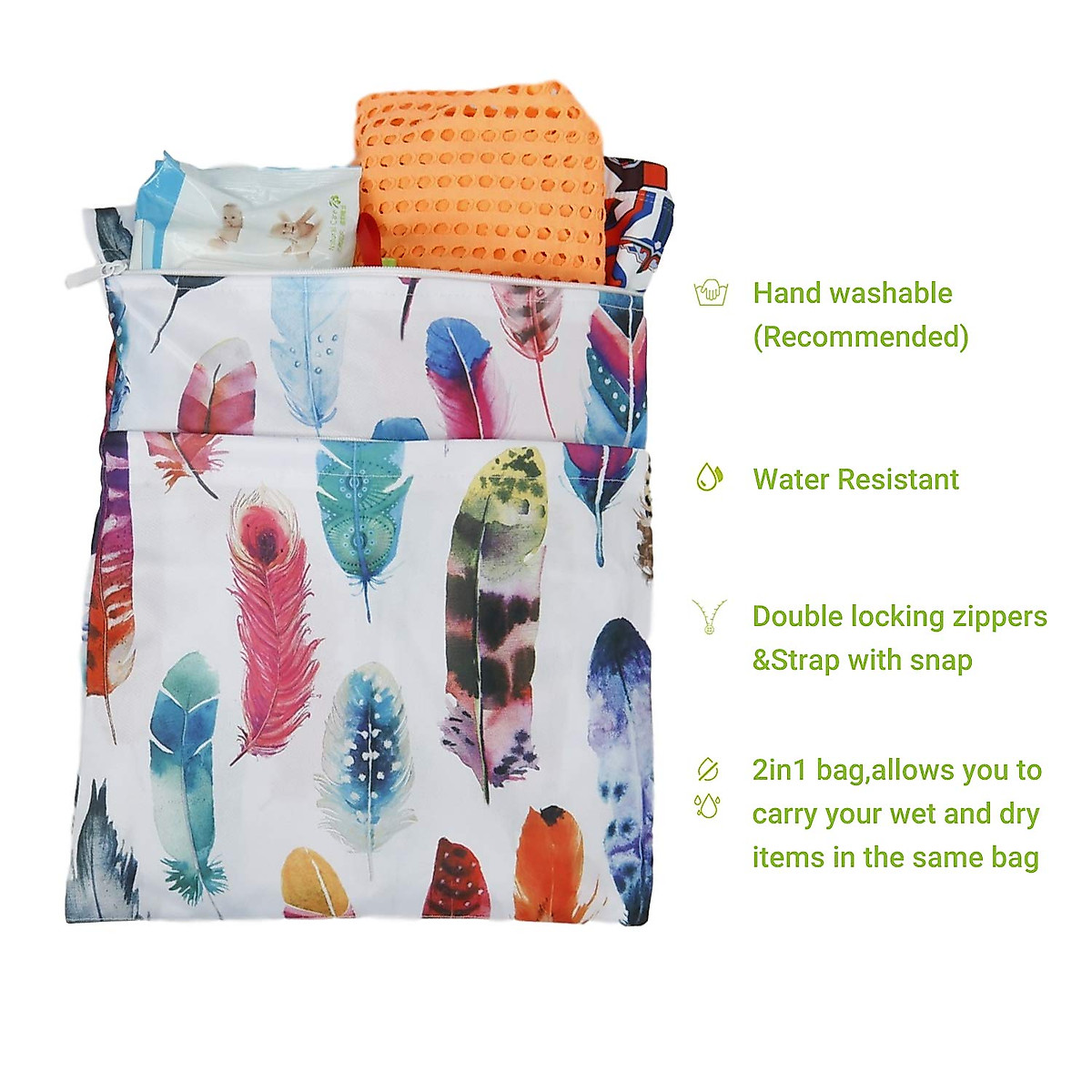 TRENSOM Wet Bag for Cloth Diapers Waterproof Reusable Bags with Two Zippered Pockets Ins Feathers Wet Dry Bag Travel Beach Pool Yoga Gym Bag for Pump Swimsuits Wet Clothes 3pcs