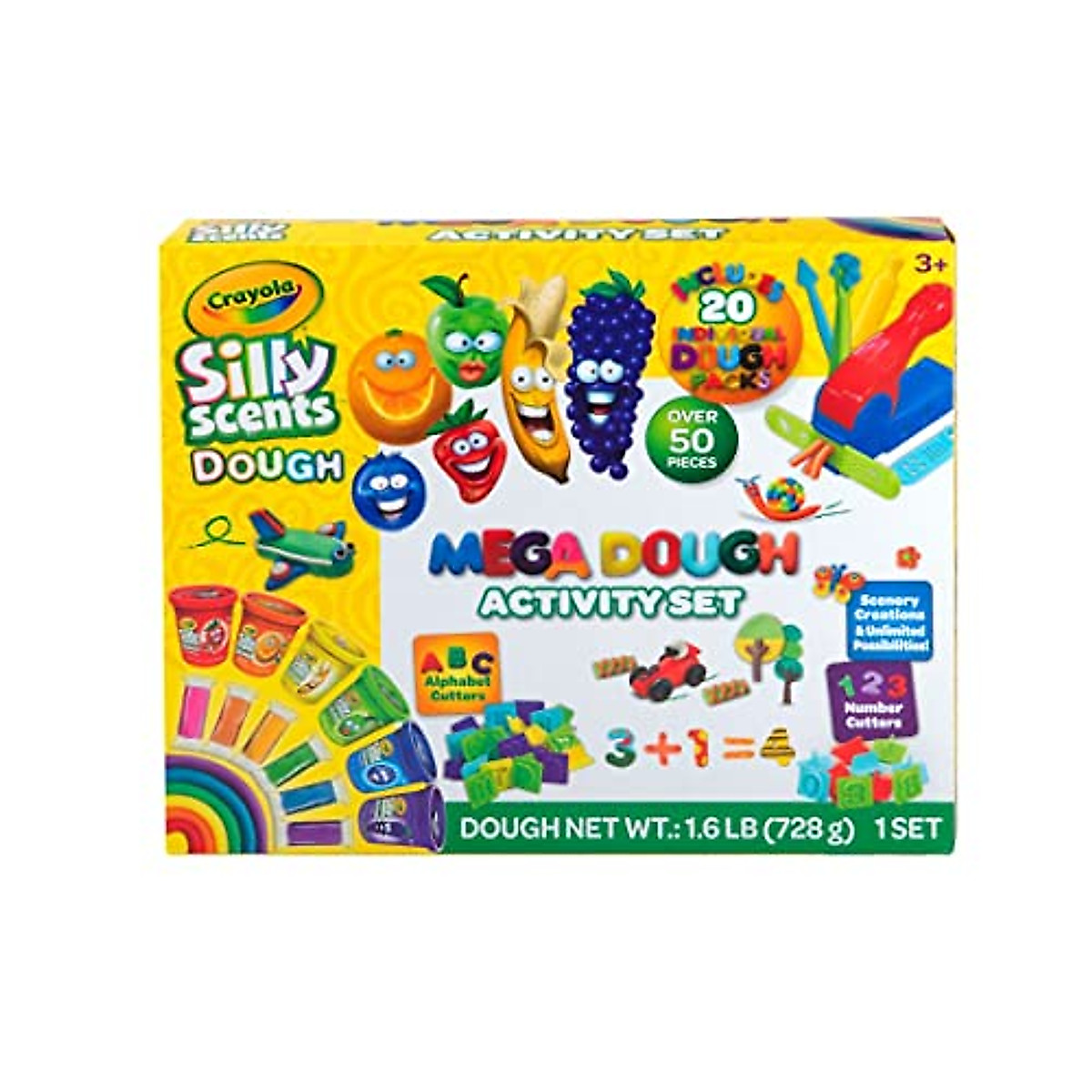Crayola Silly Scents Dough, Mega Activity Set | 20 Scented Mini Playdough Packs; 6x2oz Play Dough Tubs and 14x1oz Dough Packs | 30 Kids Tools : Alphabet, Letters, and Shapes | 6 Bright Colors.